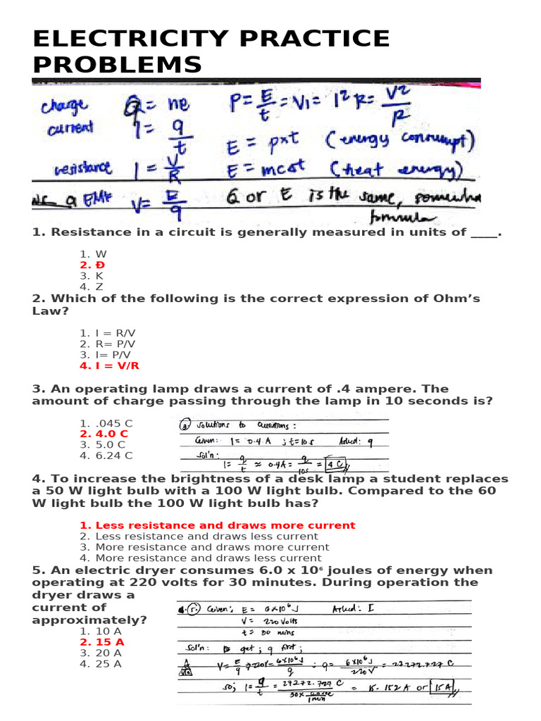 Electricity Practice Problems | PDF