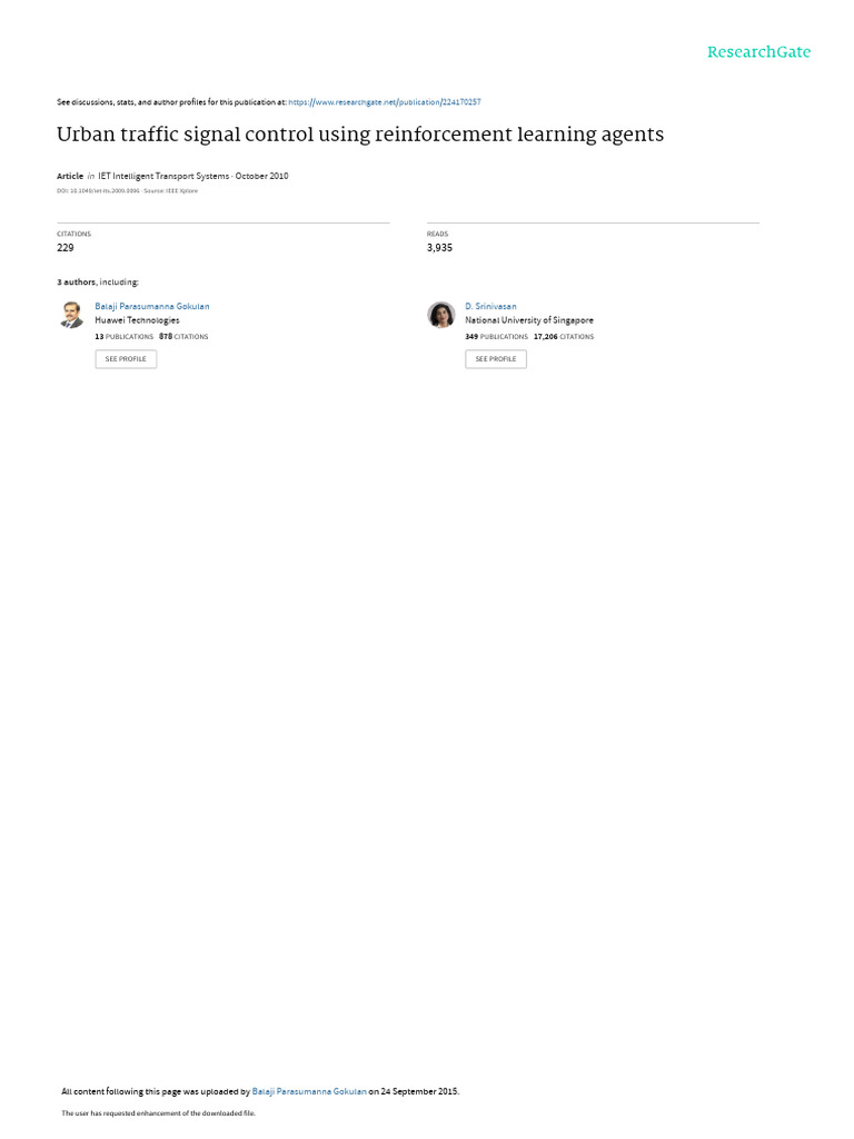 Urban Traffic Signal Control Using Reinforcement Learning Agents | PDF | Traffic | Computers