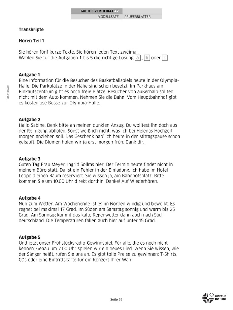 A2 Modellsatz Hörverstehen Text | PDF