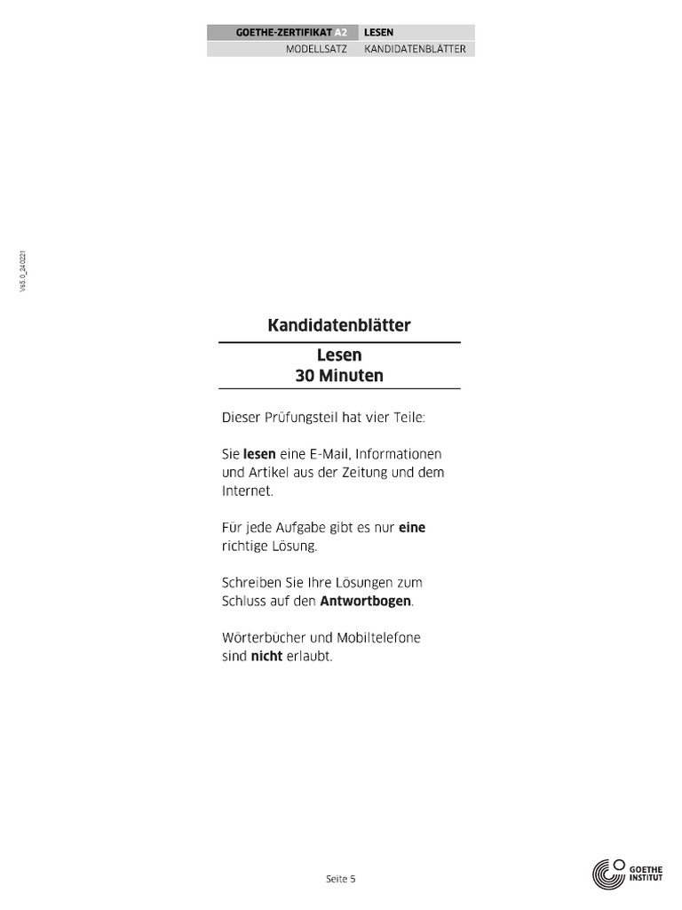 A2 Modellsatz Lesen Aufgaben | PDF