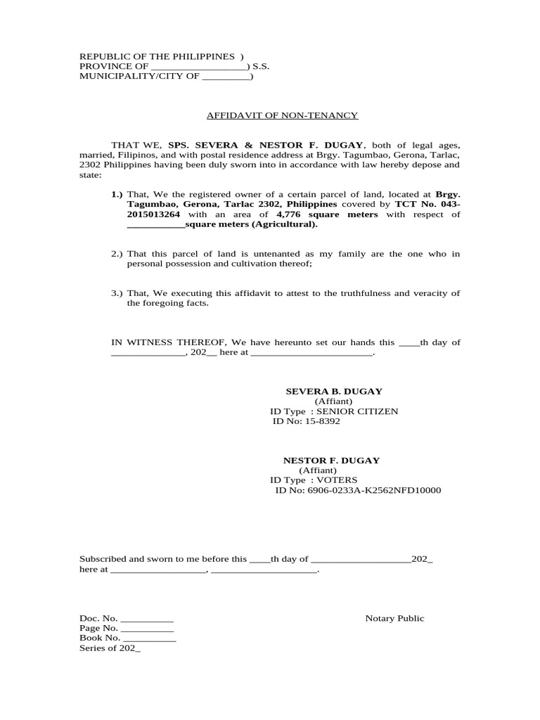 Affidavit of Non-Tenancy - Dugay | PDF