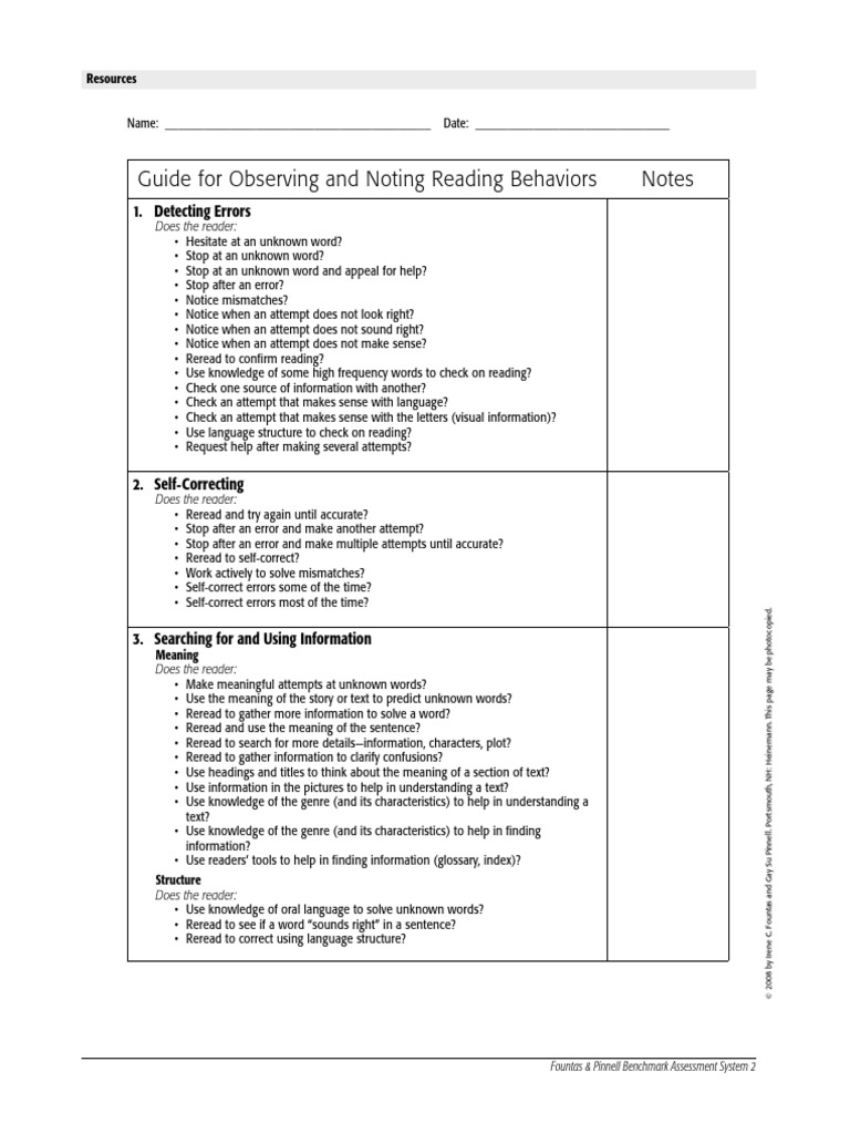 Guide For Observing Noting Reading Behaviors | PDF