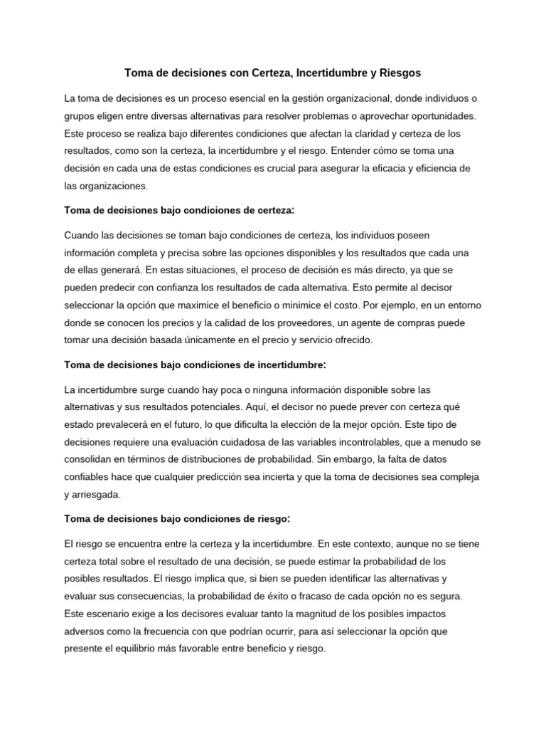 Toma de Decisiones Con Certeza | PDF | Toma de decisiones | Negocios