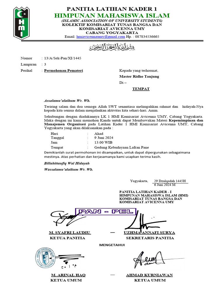 13. surat permohonan pemateri KMO HMI | PDF