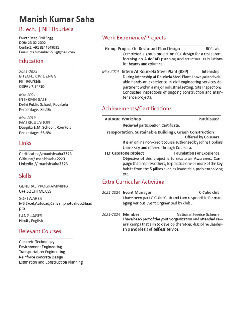 121CE1063 - Manish Kumar Saha - Civil Eng - BillA - The Cat | PDF