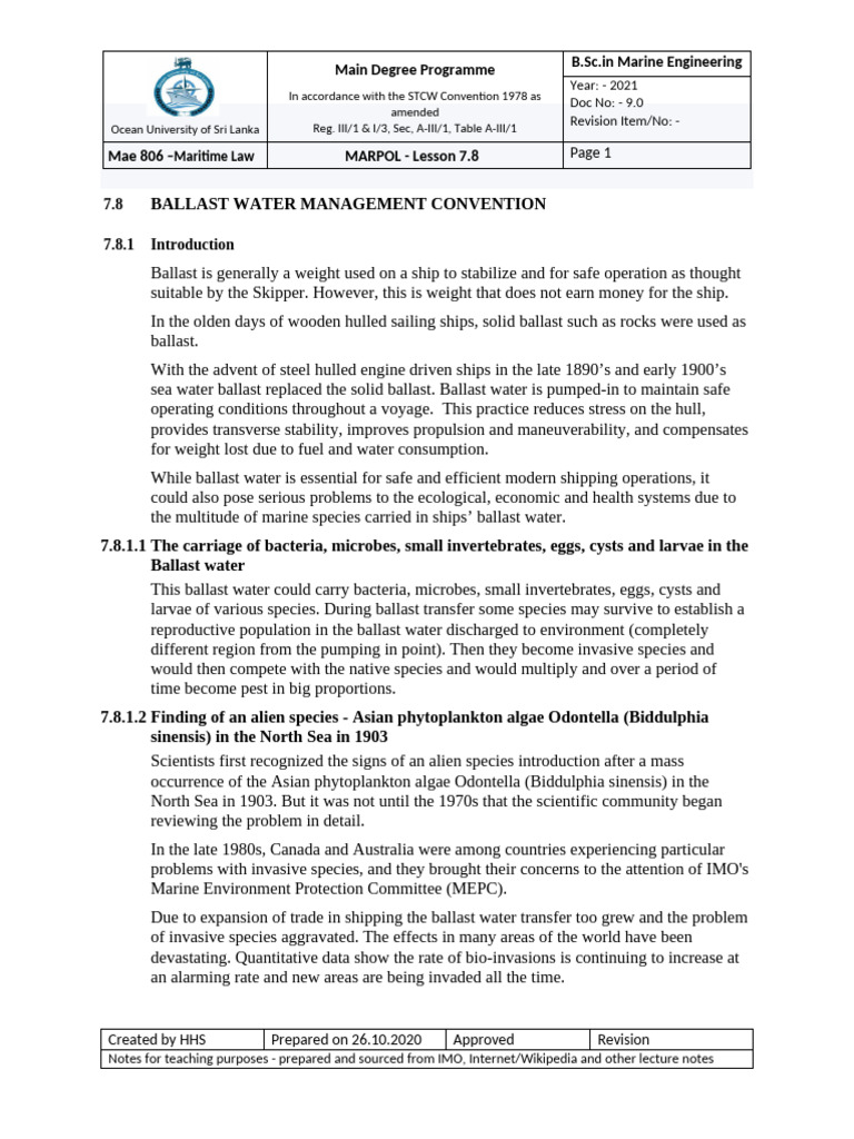 7.8 Ballast Water Management Rev 1 Ocean Uni 2021 Rev1 | PDF