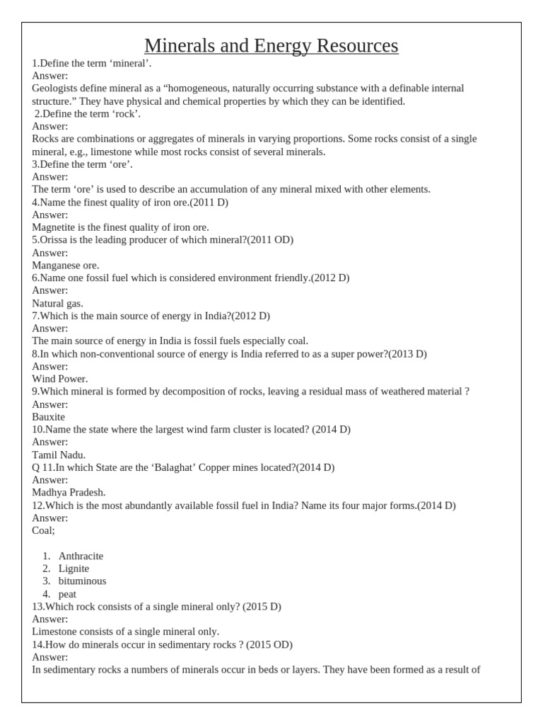 Minerals and Energy Resources Class 10 Notes | PDF