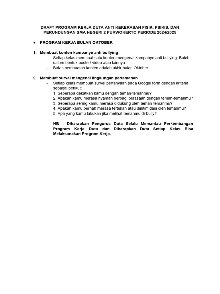 Draft Program Kerja Duta Anti Bullying | PDF