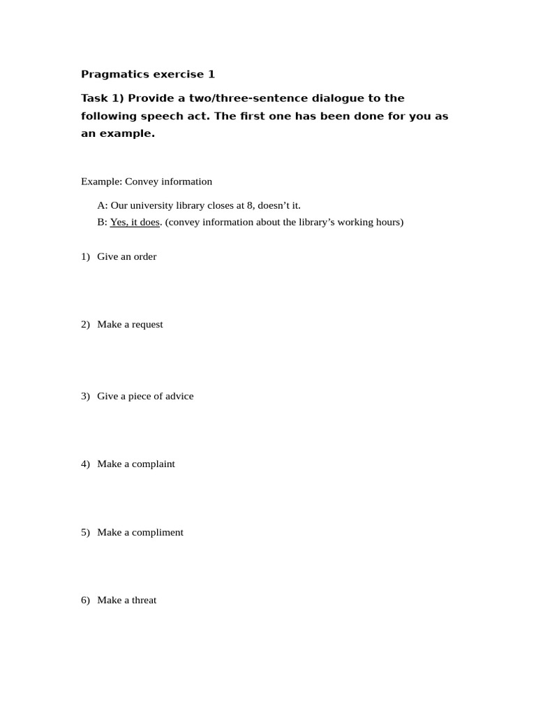 Pragmatics Exercise 1 | PDF