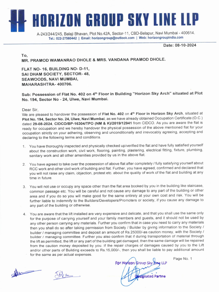 402 194 24 Possession Letter | PDF