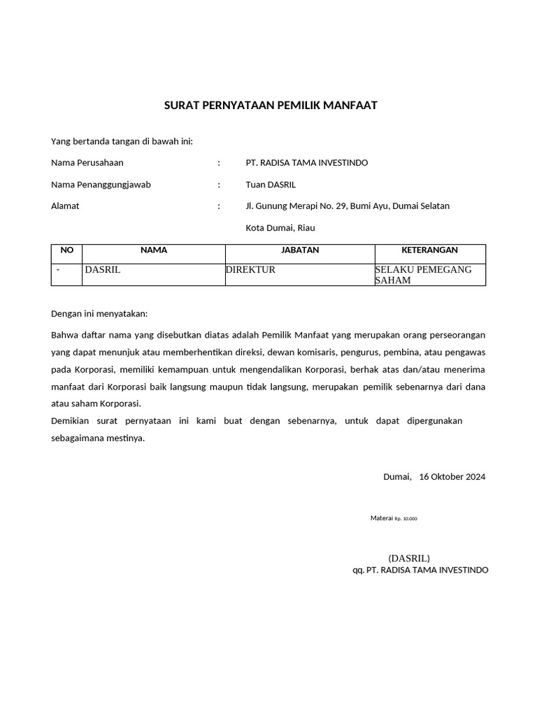 Form_SUrat_Pernyataan_Pemilik_Manfaat | PDF