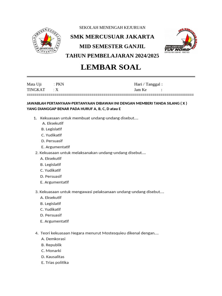 Soal PKN PTS Ganjil TP 2024-2025 MR | PDF