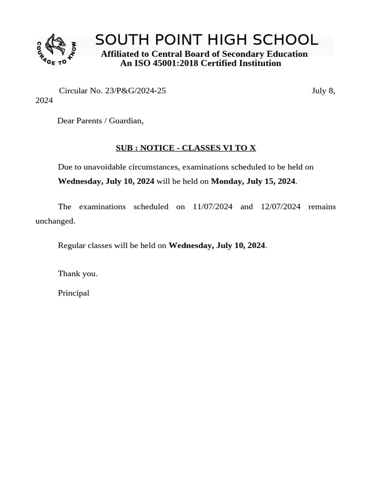 Circular No 23 Unavoidable Circumstance of Examination Classes VI To X ...