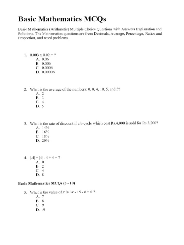 Basic Maths MCQS | PDF
