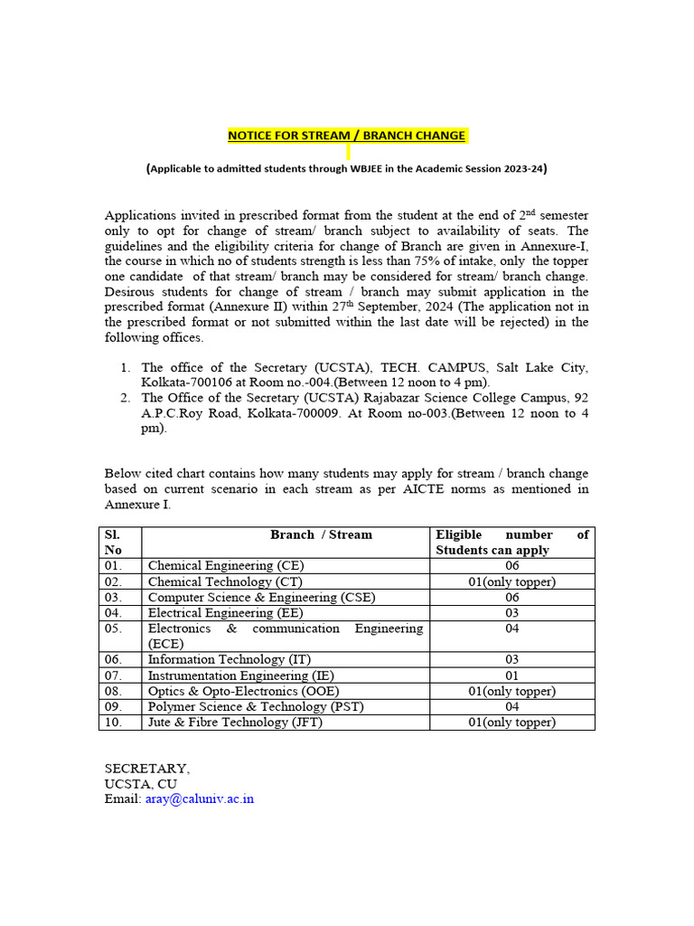 NOTICE FOR STREAM CHANGE 24 Updated On 18.9.24 | PDF