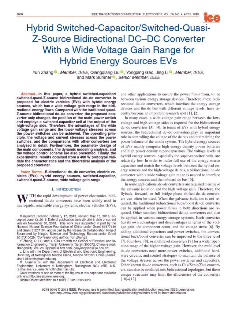 Hybrid Switched-Capacitor Switched-Quasi-Z-Source Bidirectional DCDC Converter With A Wide ...