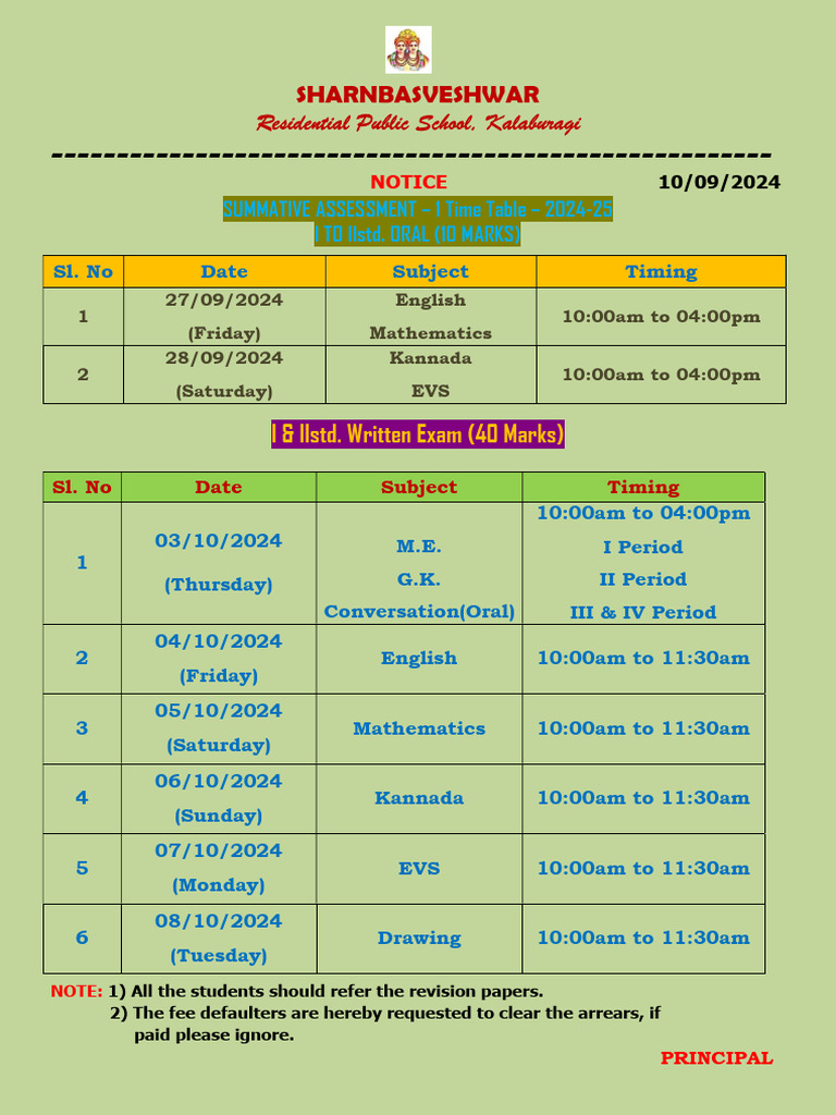 I & II SA1 Exam Timetable | PDF