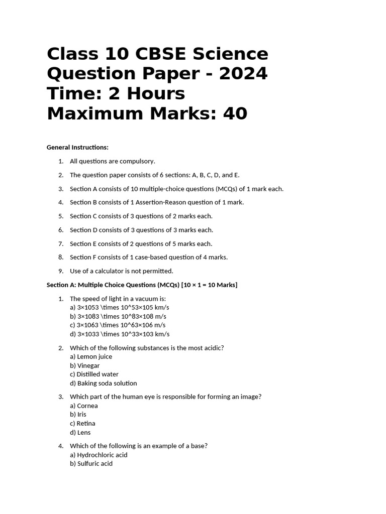 Class 10 CBSE Science Question Paper | PDF