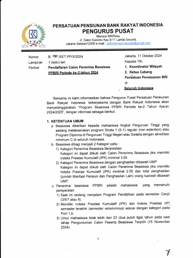 B.190 Pendaftaran Calon Penerima Beasiswa PPBRI Periode Ke-2 Tahun 2024-2 | PDF