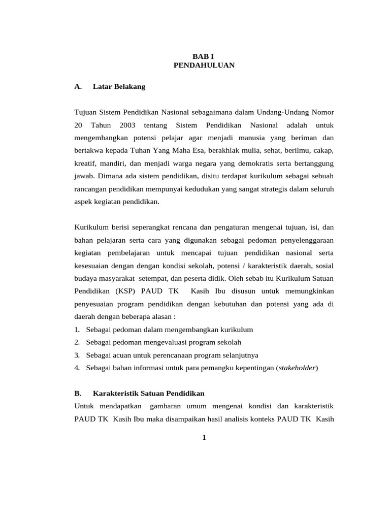 Kurikulum Satuan Pendidikan TK Kasih Ibu CP Baru | PDF