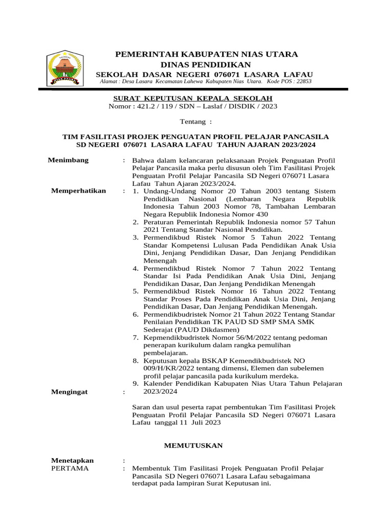 SK Tim Fasilitasi Projek Profil Pelajar Pancasila (P5) | PDF