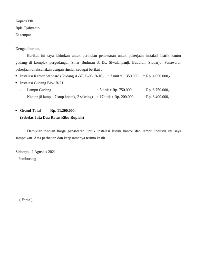 Tagihan Instalasi Listrik Pak Fanta (2 Agustus 2021) | PDF