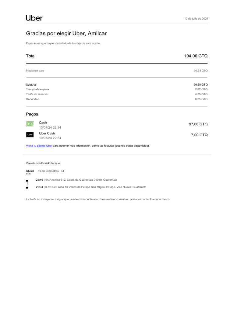 Factura Electrónica de Tu Viaje en Uber Hoy Miércoles Por La Noche | PDF