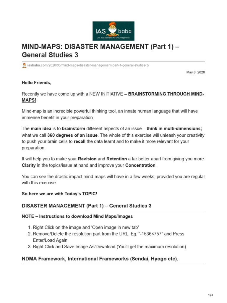 MIND-MAPS DISASTER MANAGEMENT Part 1 General Studies 3 | PDF | Human ...