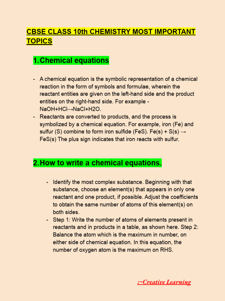 Cbse Class 10th Chemistry Most Important Topics | PDF