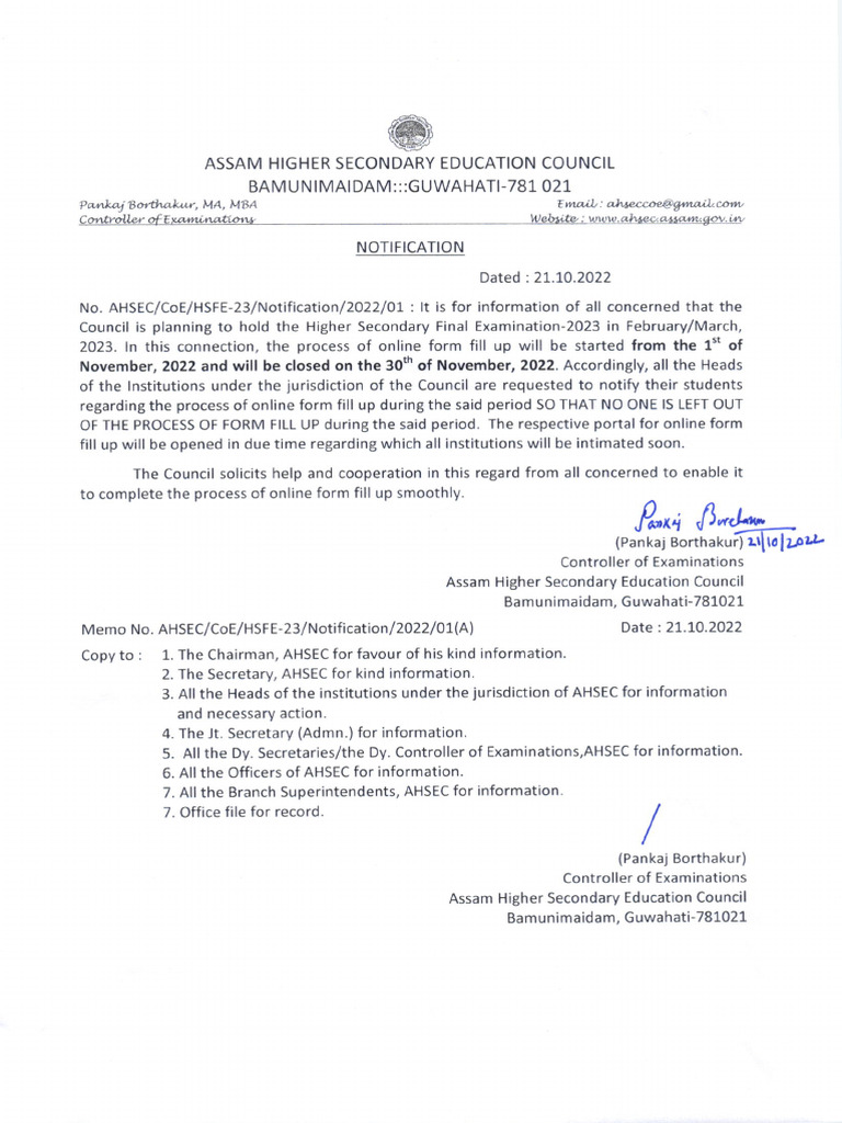 Notification Regarding Hs Final Form Fill Up 2023 | PDF