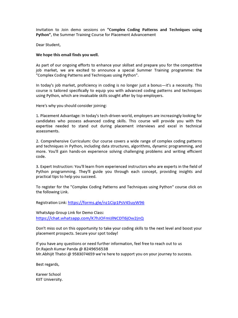 Notice for demo classes of Complex Coding. | PDF