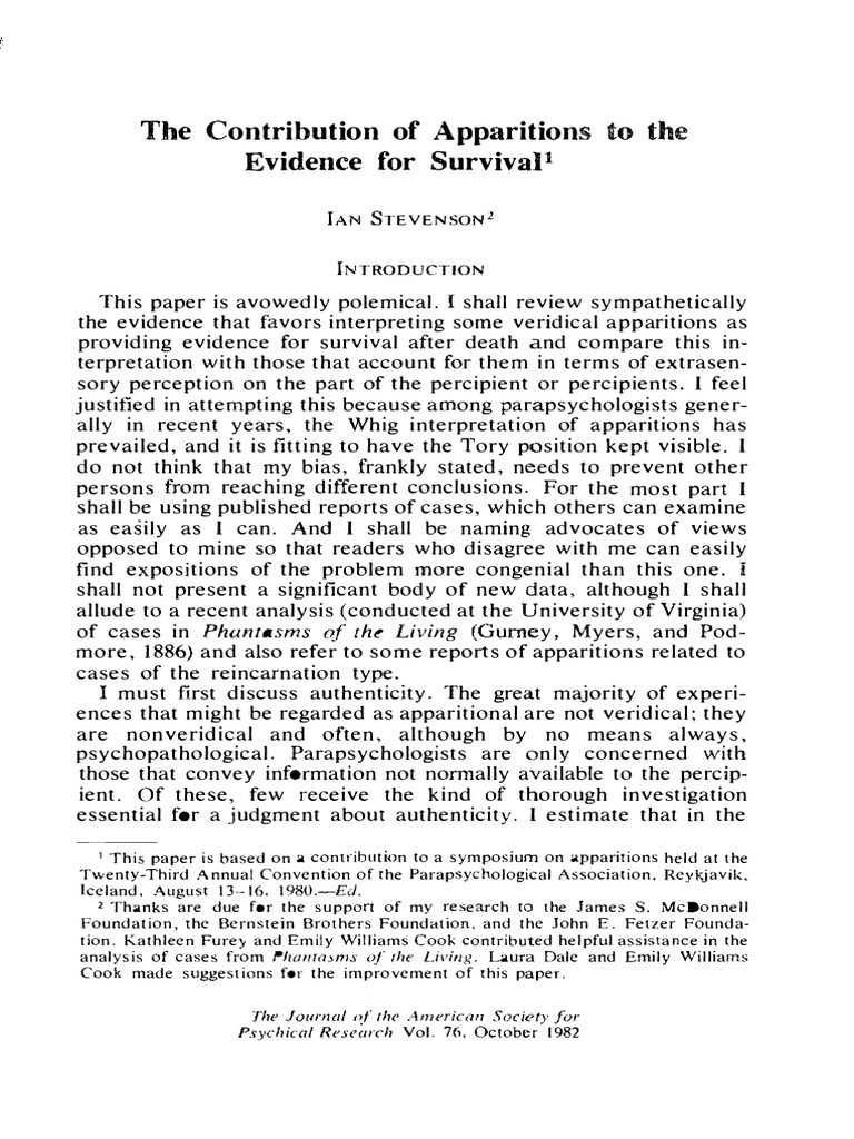 The Contributions of Apparitions To The Evidence For Survival Ian Stevenson 1982 | PDF