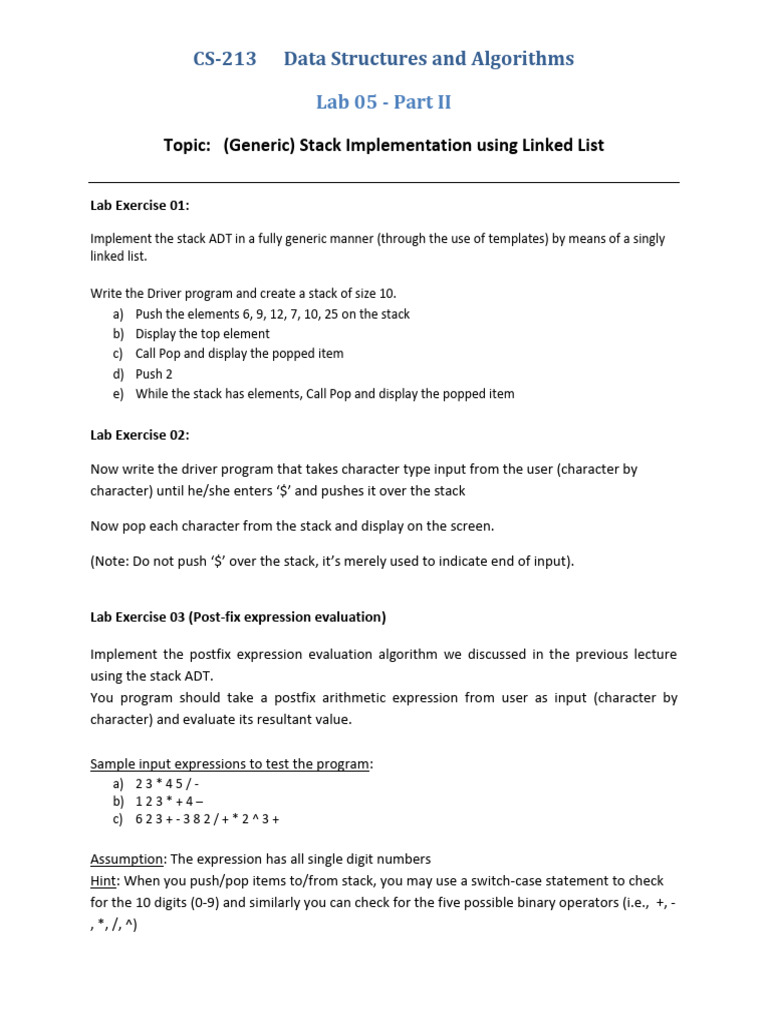 Lab 05 (Ii) - Stack Implementation With Linked List | PDF