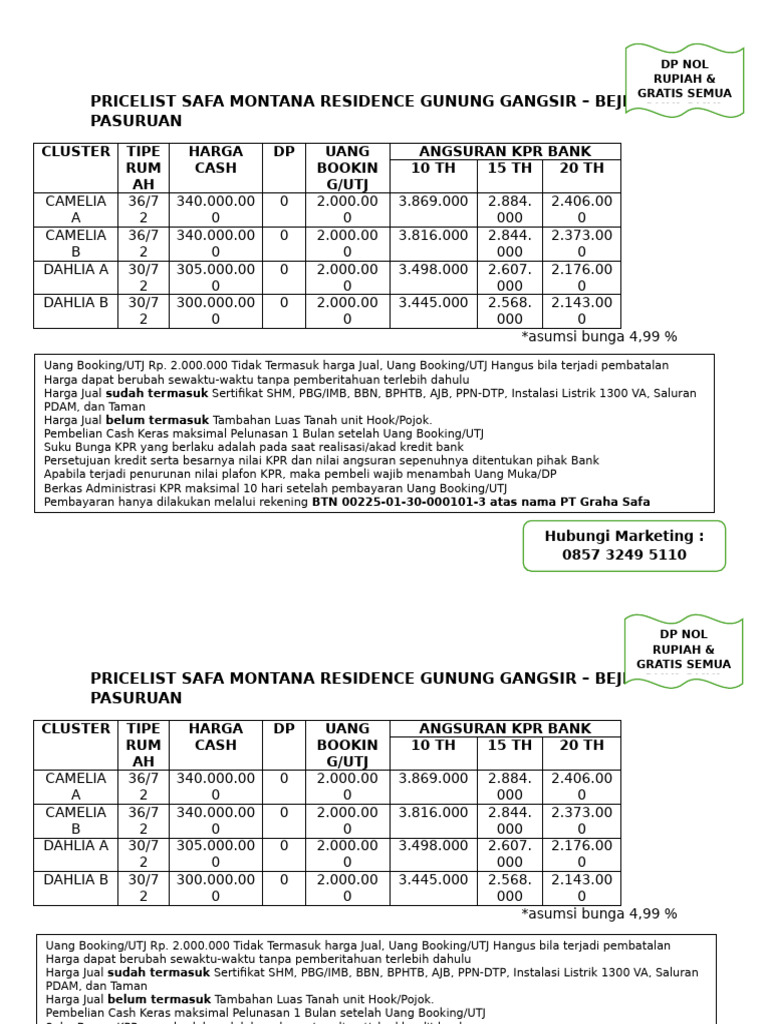 Pricelist Safa Montana Residence Gunung Gangsir | PDF