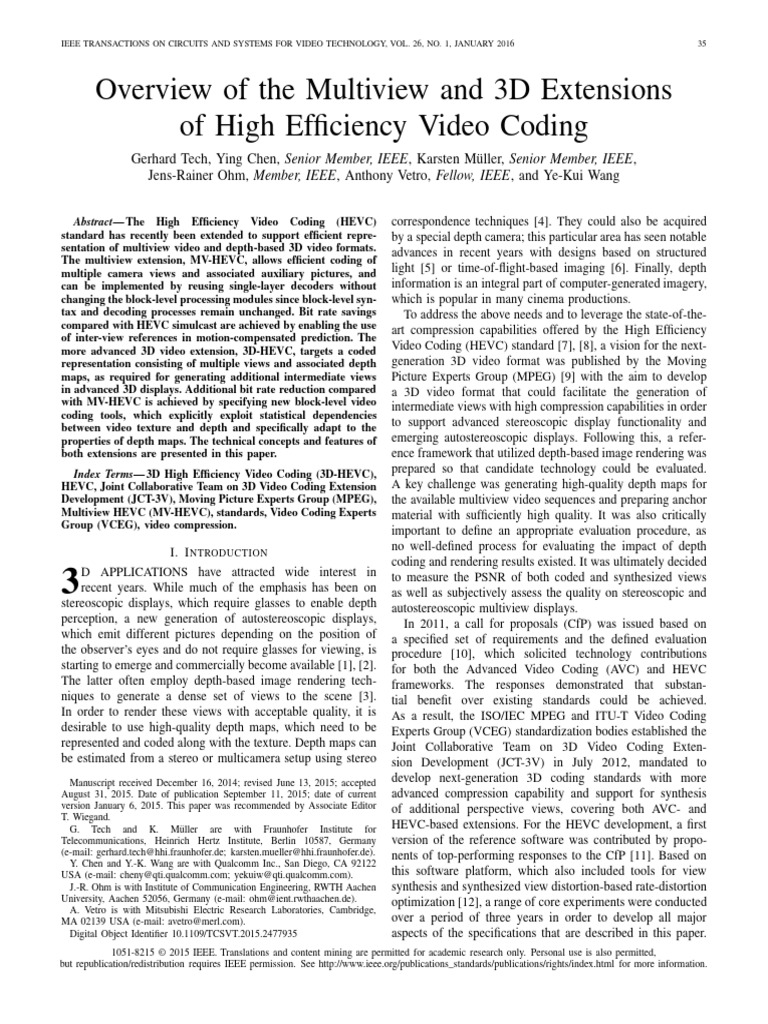 Overview of The Multiview and 3D Extensions of High Efficiency Video Coding | PDF