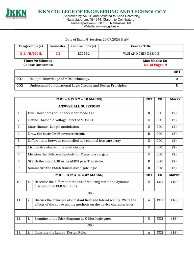 Vlsi IAT 1 Question Paper | PDF | Field Effect Transistor | Cmos