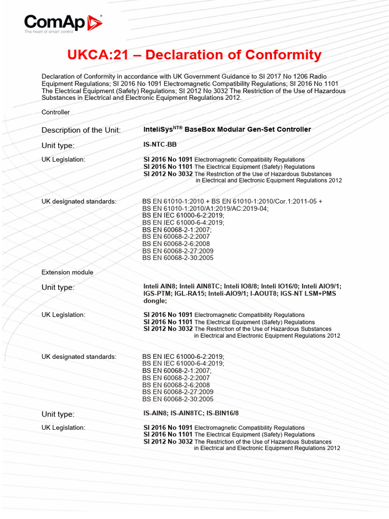Ukca Intelisys NTC BB Declaration of Conformity v1 | PDF ...