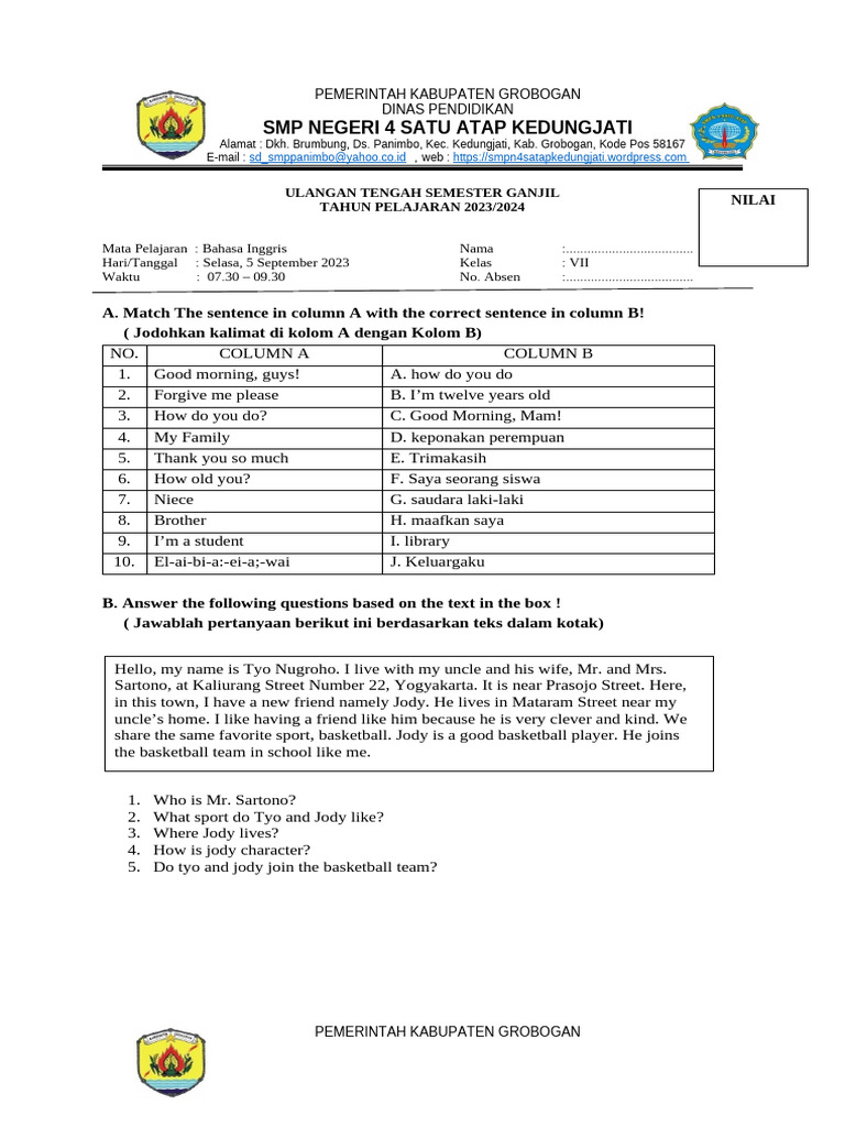 Soal PTS Gasal 2023 - 2024 B.inggris | PDF