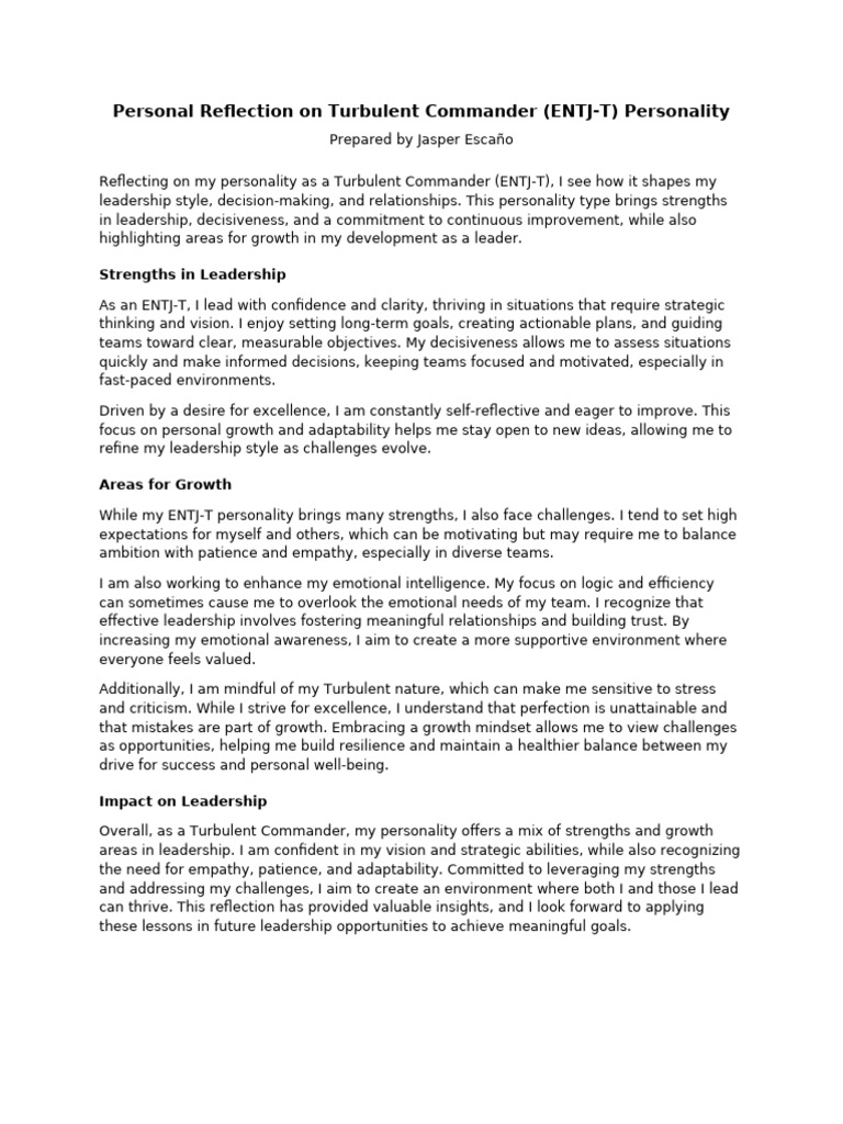 Personal Reflection On Leadership Personality Pdf