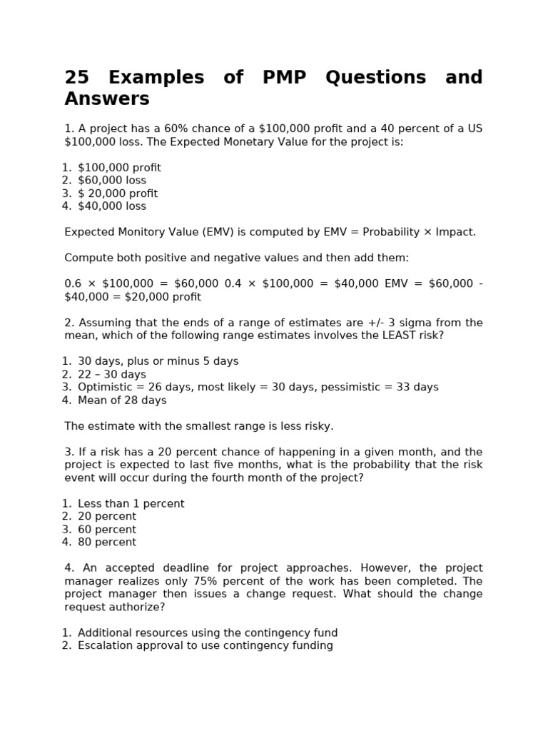 25 Examples of PMP Questions and Answers | PDF