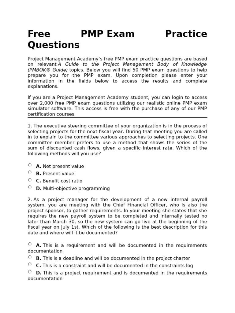 Free PMP Exam Practice Questions | PDF | Risk | Business