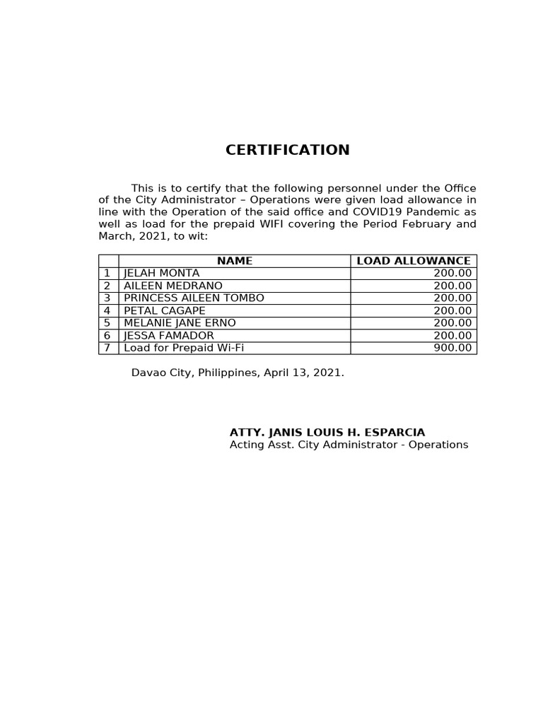 Certification-Load Allowance April 2021 Replenishment | PDF
