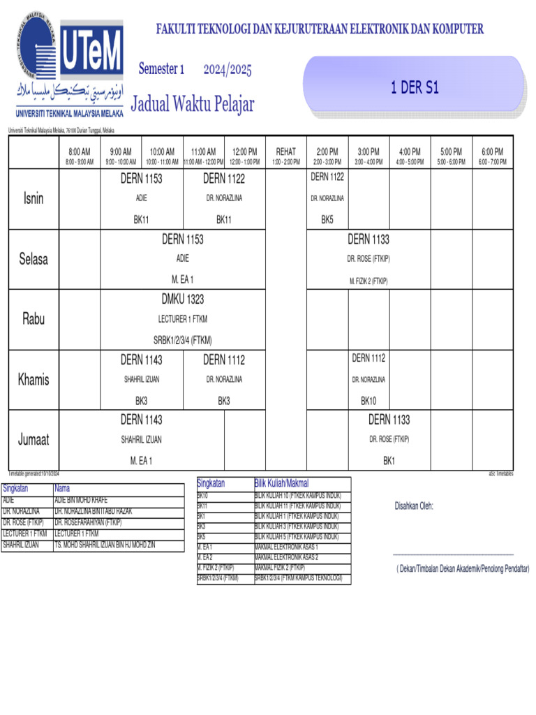 Jadual Pelajar Sem 1 2425 Jabatan Diploma & Jabatan Kejuruteraan | PDF
