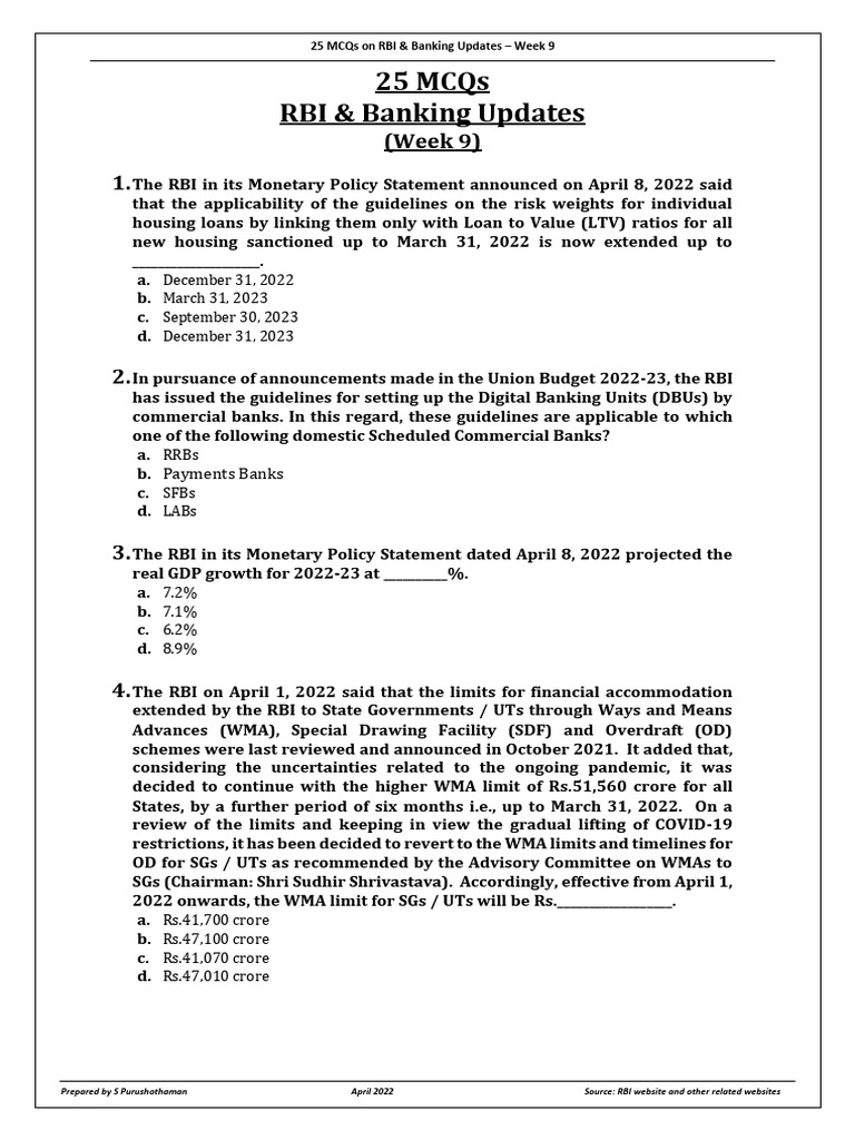 25 MCQs (With Ans) - Week 9 | PDF | Reserve Bank Of India | Finance ...