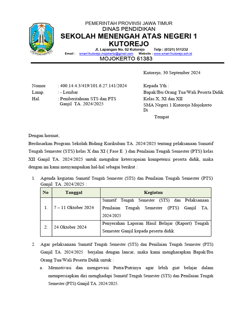INFORMASI KEGIATAN STS Dan PTS - PD GANJIL 2024-1 | PDF