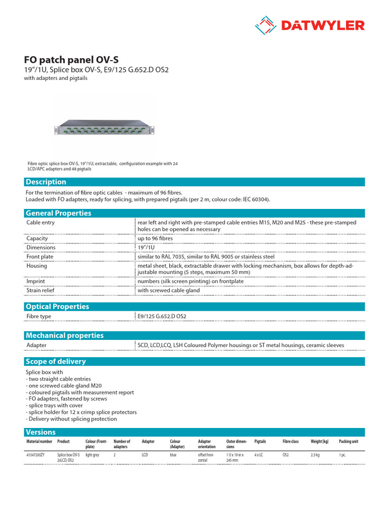 FO Patch Panel OV-S: 19"/1U, Splice Box OV-S, E9/125 G.652.D OS2 | PDF