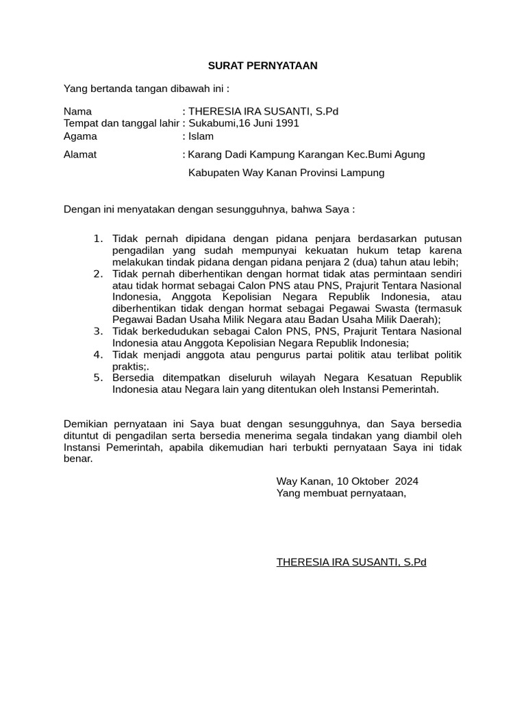 Surat Pernyataan 5 Point PPPK GURU 2024 | PDF