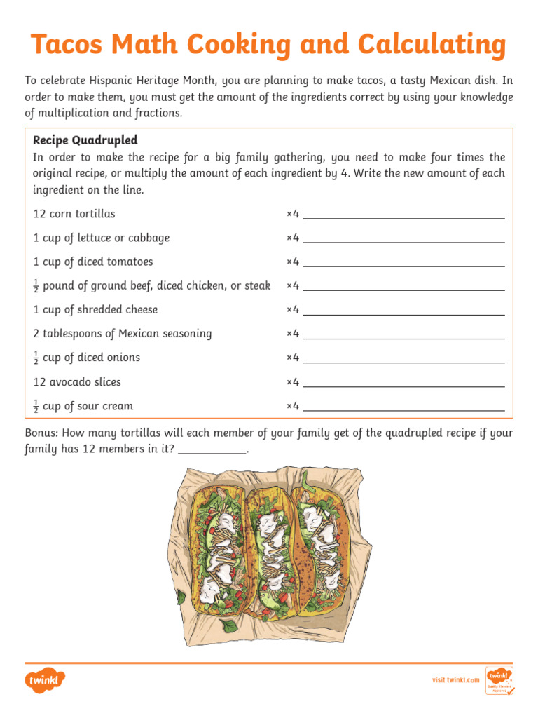 US2 T 283 Tacos Cooking and Calculating Math Activity - Ver - 6 | PDF