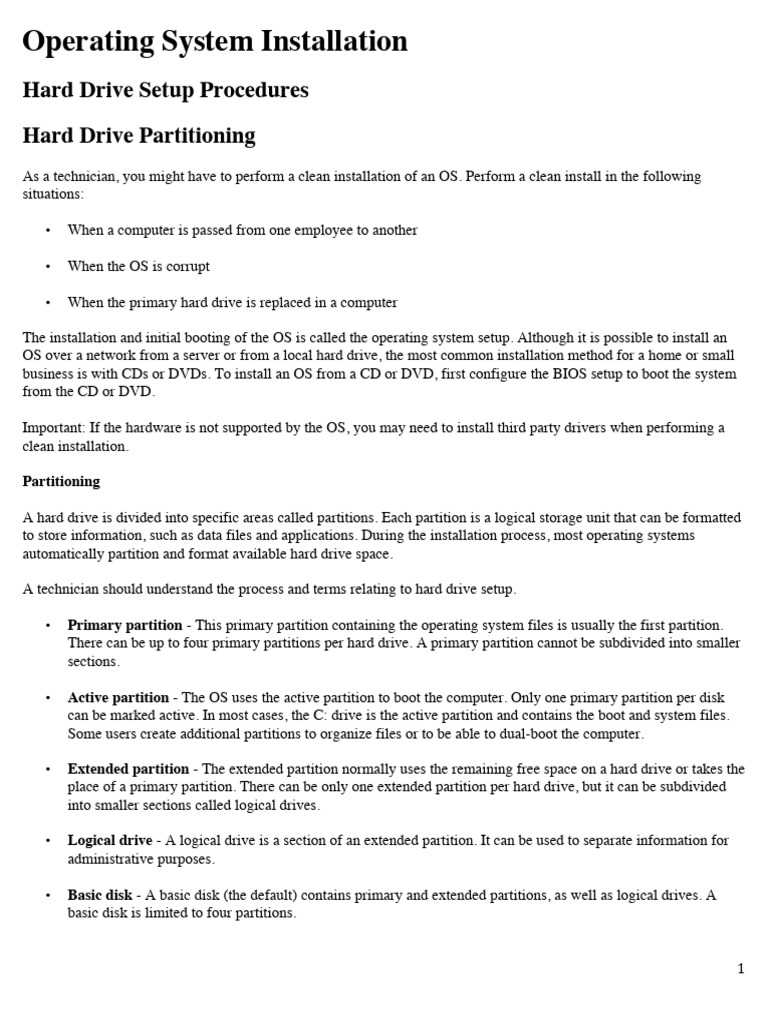 Operating System Installation: Hard Drive Setup Procedures Hard Drive Partitioning | PDF