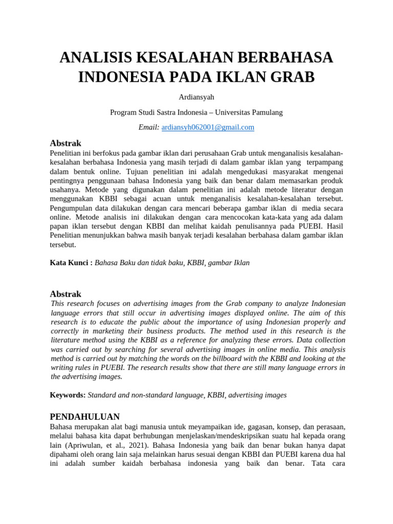 Analisis Kesalahan Berbahasa Indonesia Pada Iklan Grab | PDF | Karier & Perkembangan